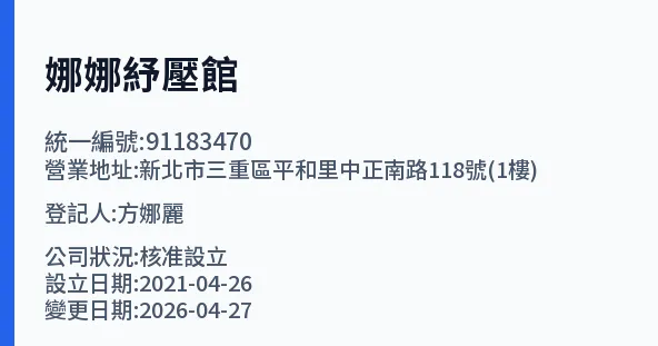 娜娜紓壓館的照片-統編 91183470(新北市) 公司登記資料與營業項目詳細圖表