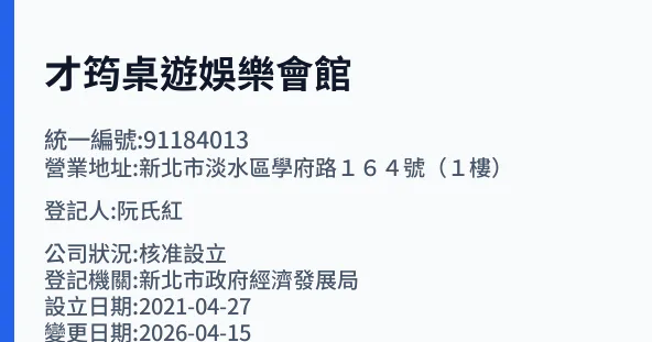 才筠桌遊娛樂會館的照片-統編 91184013(新北市) 公司登記資料與營業項目詳細圖表