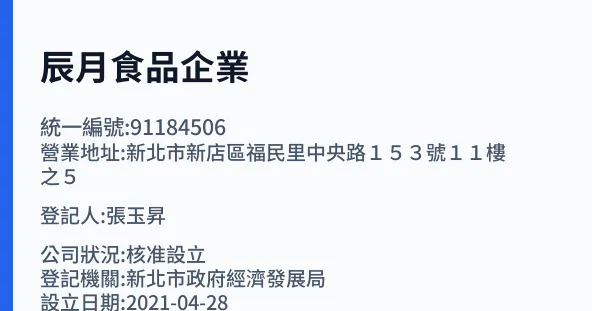 辰月食品企業的照片-統編 91184506(新北市) 公司登記資料與營業項目詳細圖表
