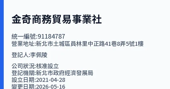 金奇商務貿易事業社的照片-統編 91184787(新北市) 公司登記資料與營業項目詳細圖表