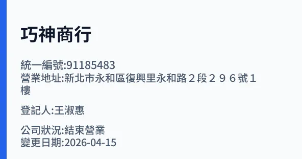 巧神商行的照片-統編 91185483(新北市) 公司登記資料與營業項目詳細圖表