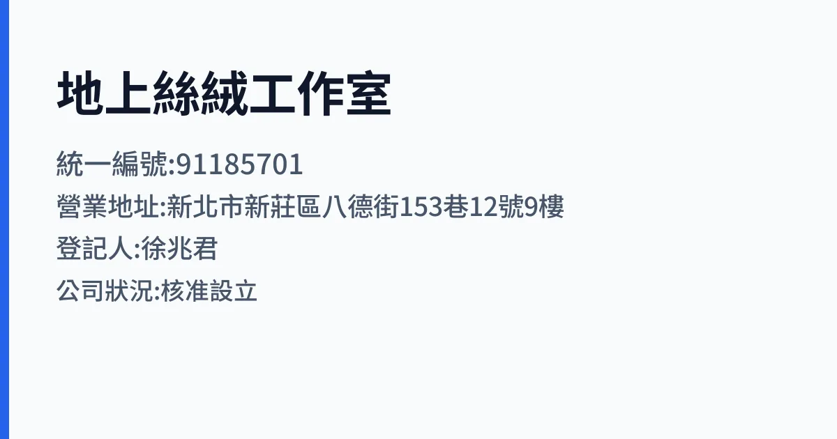 地上絲絨工作室 - 統編 91185701(新北市) 公司登記資料與營業項目詳細圖表