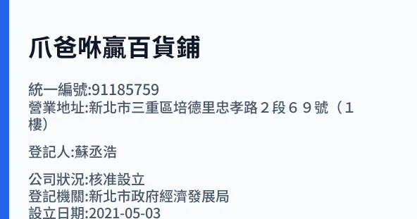 爪爸咻贏百貨鋪的照片-統編 91185759(新北市) 公司登記資料與營業項目詳細圖表