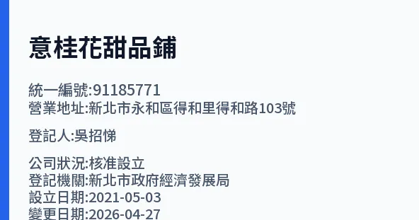 意桂花甜品鋪的照片-統編 91185771(新北市) 公司登記資料與營業項目詳細圖表