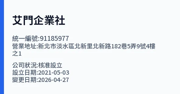 艾門企業社的照片-統編 91185977(新北市) 公司登記資料與營業項目詳細圖表