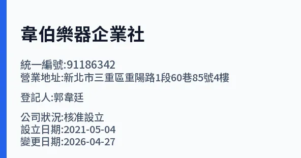 韋伯樂器企業社的照片-統編 91186342(新北市) 公司登記資料與營業項目詳細圖表