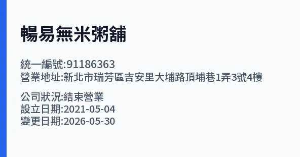 暢易無米粥舖的照片-統編 91186363(新北市) 公司登記資料與營業項目詳細圖表