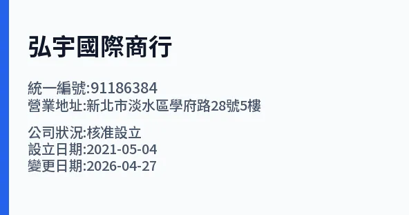 弘宇國際商行的照片-統編 91186384(新北市) 公司登記資料與營業項目詳細圖表