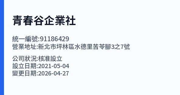 青春谷企業社的照片-統編 91186429(新北市) 公司登記資料與營業項目詳細圖表