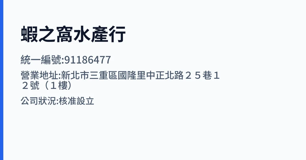蝦之窩水產行 - 統編 91186477(新北市) 公司登記資料與營業項目詳細圖表