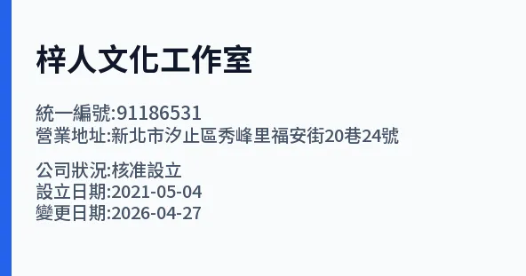 梓人文化工作室的照片-統編 91186531(新北市) 公司登記資料與營業項目詳細圖表