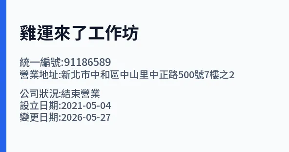 雞運來了工作坊的照片-統編 91186589(新北市) 公司登記資料與營業項目詳細圖表