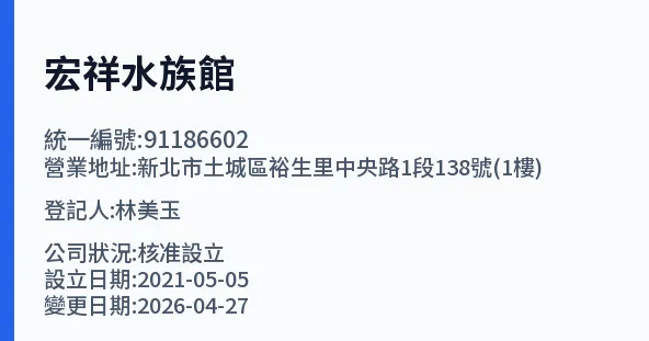 宏祥水族館的照片-統編 91186602(新北市) 公司登記資料與營業項目詳細圖表