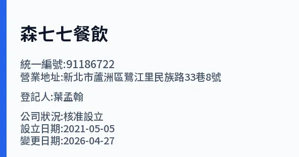 森七七餐飲的照片-統編 91186722(新北市) 公司登記資料與營業項目詳細圖表