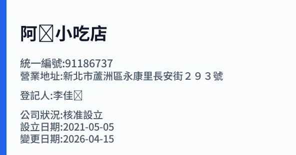 阿勲小吃店的照片-統編 91186737(新北市) 公司登記資料與營業項目詳細圖表