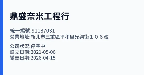 鼎盛奈米工程行的照片-統編 91187031(新北市) 公司登記資料與營業項目詳細圖表