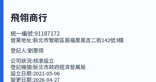 飛翎商行的照片-統編 91187172(新北市) 公司登記資料與營業項目詳細圖表