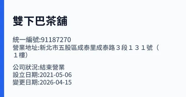 雙下巴茶舖的照片-統編 91187270(新北市) 公司登記資料與營業項目詳細圖表