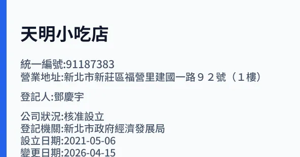 天明小吃店的照片-統編 91187383(新北市) 公司登記資料與營業項目詳細圖表