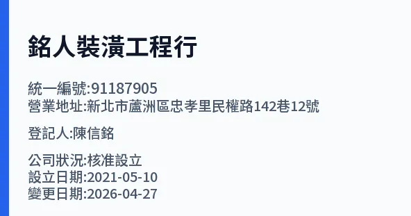 銘人裝潢工程行的照片-統編 91187905(新北市) 公司登記資料與營業項目詳細圖表