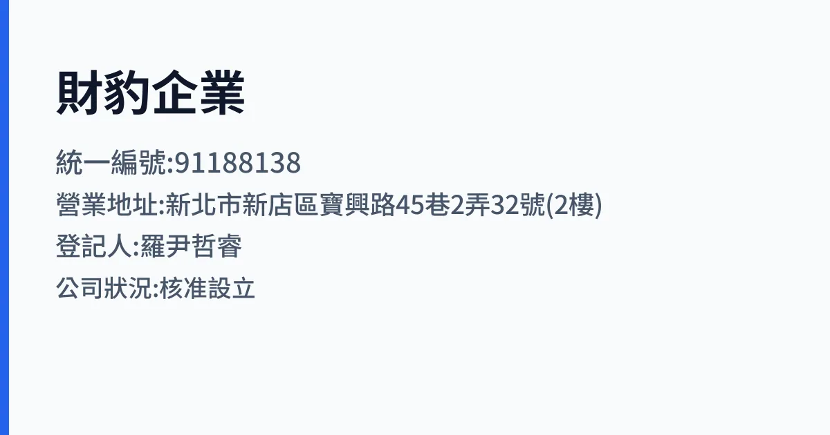 財豹企業 - 統編 91188138(新北市) 公司登記資料與營業項目詳細圖表