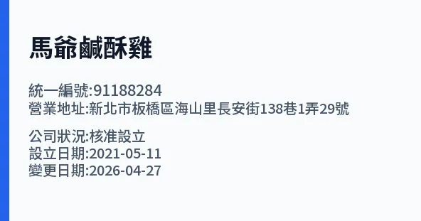 馬爺鹹酥雞的照片-統編 91188284(新北市) 公司登記資料與營業項目詳細圖表