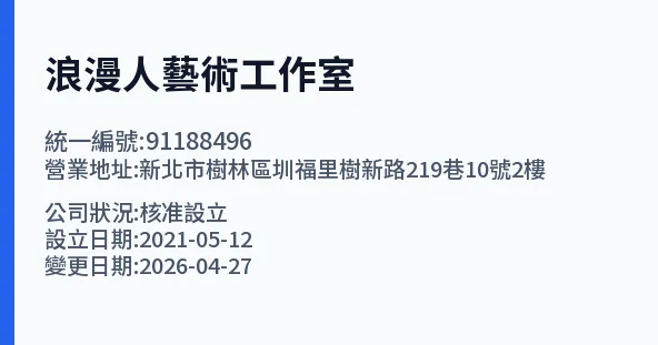 浪漫人藝術工作室的照片-統編 91188496(新北市) 公司登記資料與營業項目詳細圖表