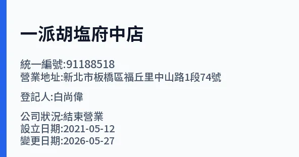 一派胡塩府中店的照片-統編 91188518(新北市) 公司登記資料與營業項目詳細圖表