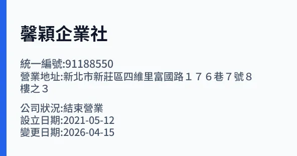 馨穎企業社的照片-統編 91188550(新北市) 公司登記資料與營業項目詳細圖表