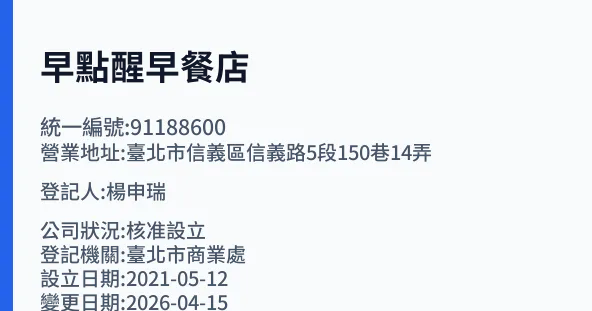 早點醒早餐店的照片-統編 91188600(臺北市) 公司登記資料與營業項目詳細圖表