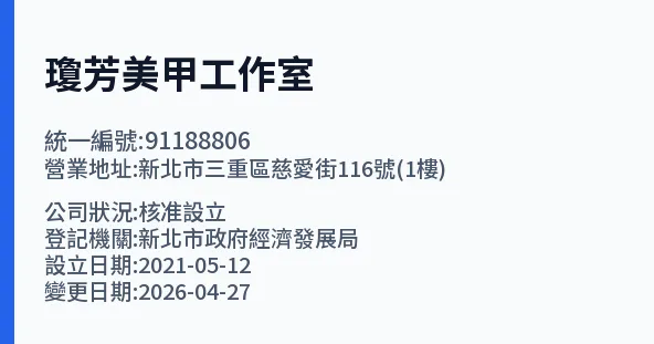 瓊芳美甲工作室的照片-統編 91188806(新北市) 公司登記資料與營業項目詳細圖表