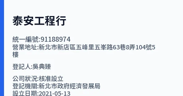 泰安工程行的照片-統編 91188974(新北市) 公司登記資料與營業項目詳細圖表
