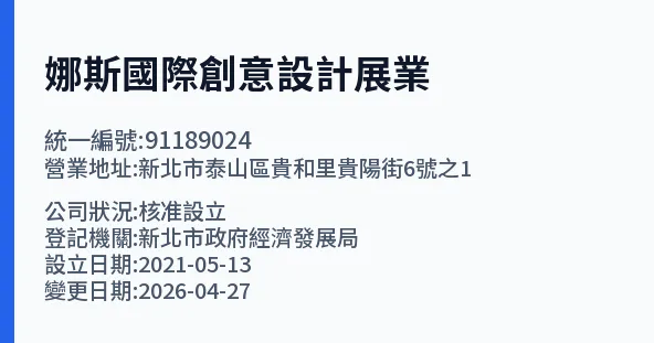 娜斯國際創意設計展業的照片-統編 91189024(新北市) 公司登記資料與營業項目詳細圖表