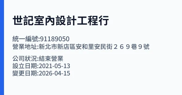 世記室內設計工程行的照片-統編 91189050(新北市) 公司登記資料與營業項目詳細圖表