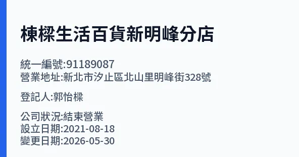 棟樑生活百貨新明峰分店的照片-統編 91189087(新北市) 公司登記資料與營業項目詳細圖表