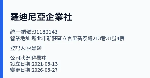 羅迪尼亞企業社的照片-統編 91189143(新北市) 公司登記資料與營業項目詳細圖表