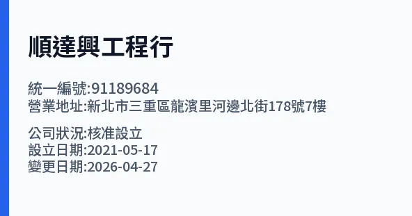 順達興工程行的照片-統編 91189684(新北市) 公司登記資料與營業項目詳細圖表