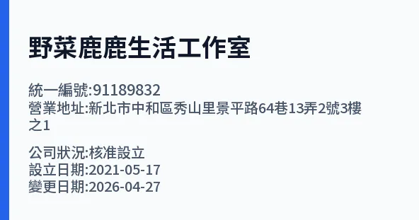野菜鹿鹿生活工作室的照片-統編 91189832(新北市) 公司登記資料與營業項目詳細圖表