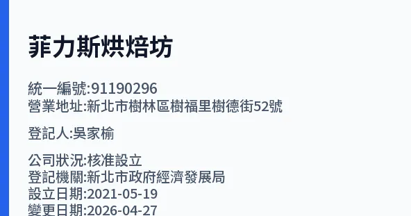菲力斯烘焙坊的照片-統編 91190296(新北市) 公司登記資料與營業項目詳細圖表