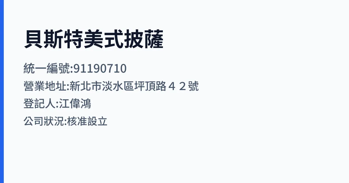 貝斯特美式披薩 - 統編 91190710(新北市) 公司登記資料與營業項目詳細圖表