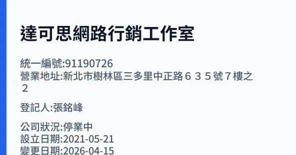 達可思網路行銷工作室的照片-統編 91190726(新北市) 公司登記資料與營業項目詳細圖表