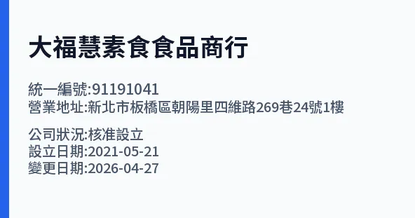 大福慧素食食品商行的照片-統編 91191041(新北市) 公司登記資料與營業項目詳細圖表