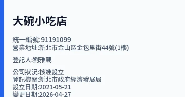 大碗小吃店的照片-統編 91191099(新北市) 公司登記資料與營業項目詳細圖表
