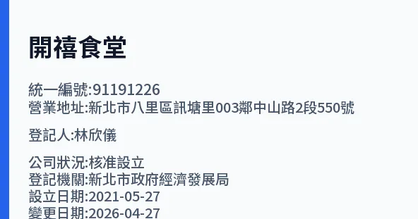 開禧食堂的照片-統編 91191226(新北市) 公司登記資料與營業項目詳細圖表