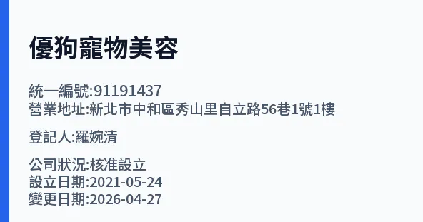 優狗寵物美容的照片-統編 91191437(新北市) 公司登記資料與營業項目詳細圖表