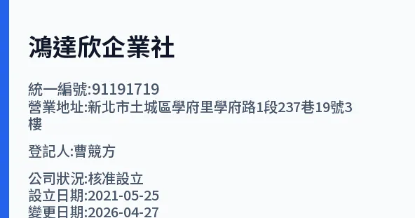 鴻達欣企業社的照片-統編 91191719(新北市) 公司登記資料與營業項目詳細圖表
