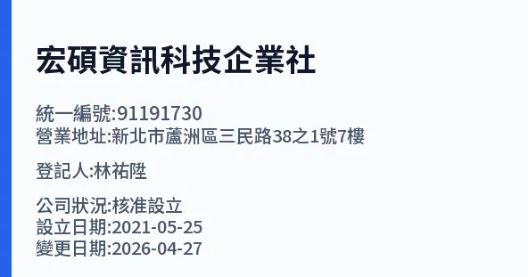 宏碩資訊科技企業社的照片-統編 91191730(新北市) 公司登記資料與營業項目詳細圖表