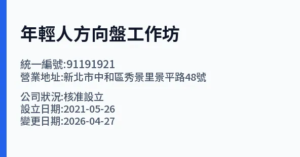 年輕人方向盤工作坊的照片-統編 91191921(新北市) 公司登記資料與營業項目詳細圖表