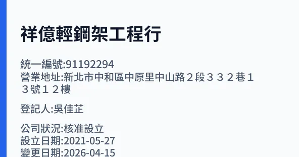 祥億輕鋼架工程行的照片-統編 91192294(新北市) 公司登記資料與營業項目詳細圖表