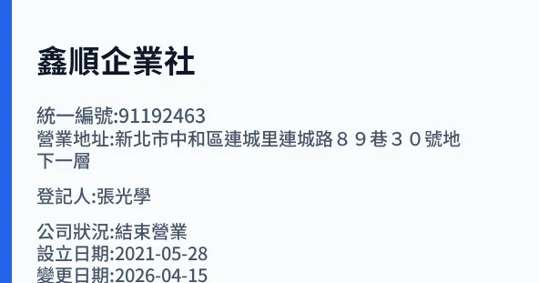鑫順企業社的照片-統編 91192463(新北市) 公司登記資料與營業項目詳細圖表